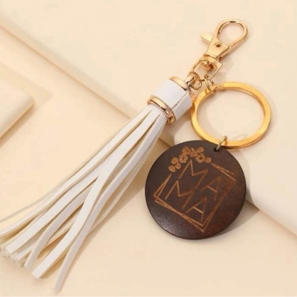 Accessories | Mama White Tassel Keychain With Mama Wooden Accent | Poshmark